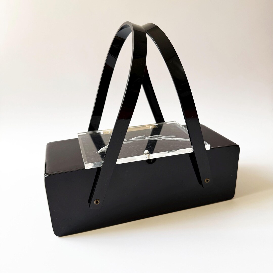 1950s Black Lucite Rectangle Box Bag Carved Clear Lucite Retro Top ...