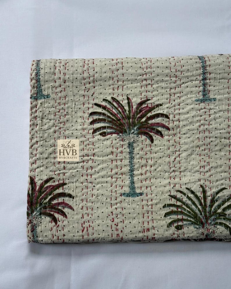 Vintage Palm Tree Kantha Quilt: Bohemian Indian Throw Blanket - Etsy