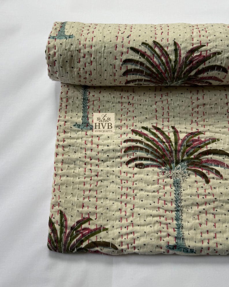 Vintage Palm Tree Kantha Quilt: Bohemian Indian Throw Blanket - Etsy
