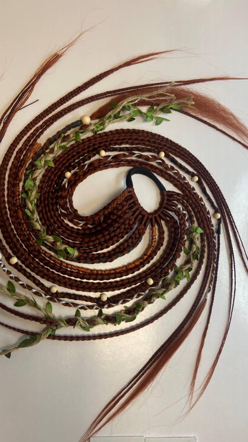 Boho Braided Ponytail Extension: Green Leaves & Wood Beads - Chestnut ...