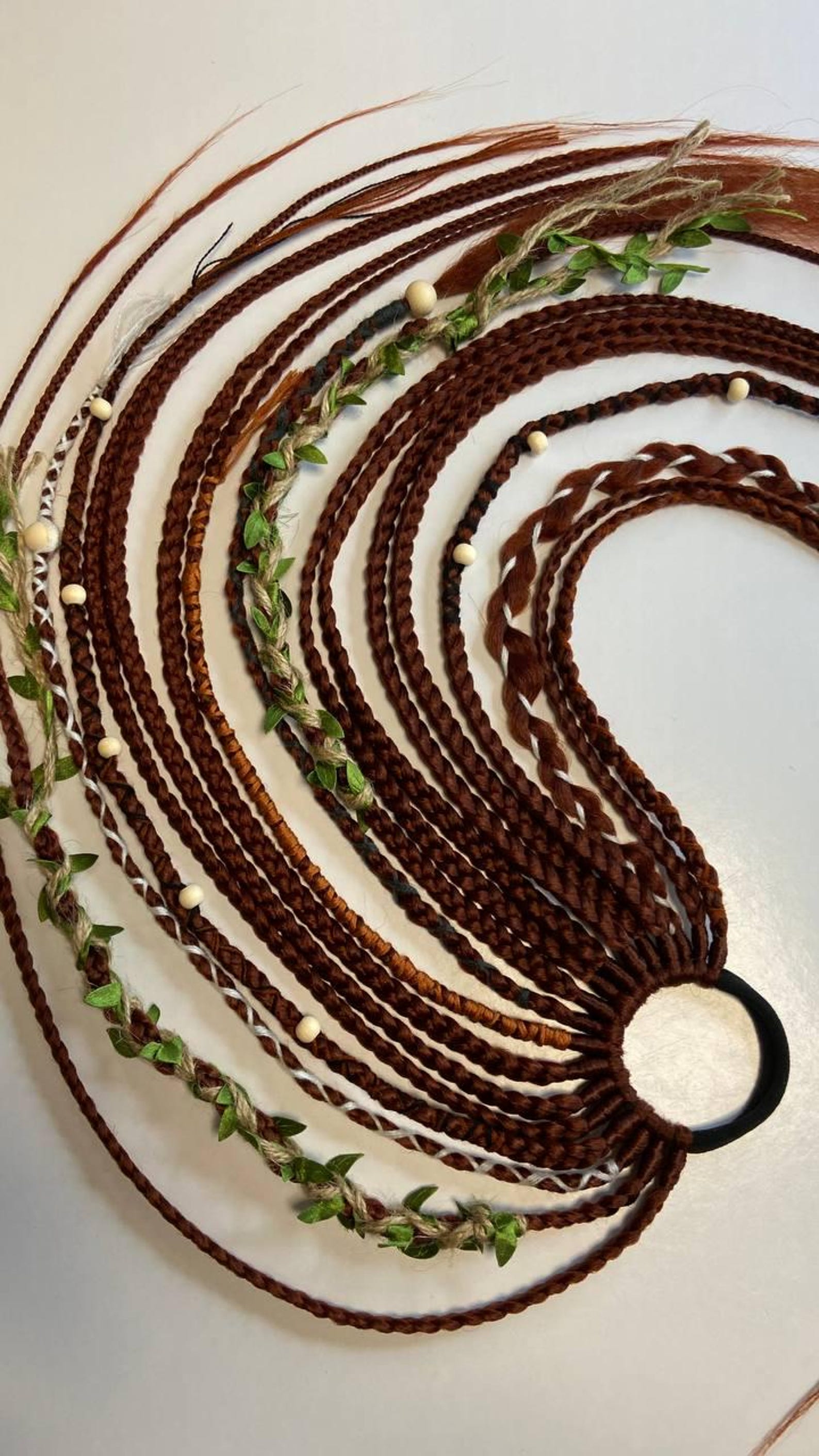 Boho Braided Ponytail Extension: Green Leaves & Wood Beads - Chestnut ...