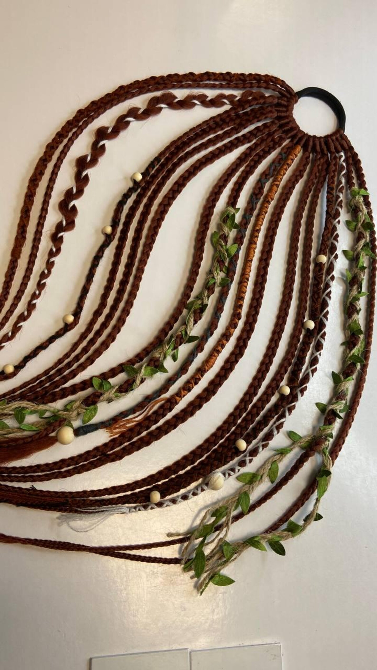 Boho Braided Ponytail Extension: Green Leaves & Wood Beads - Chestnut ...