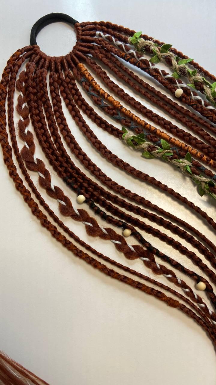 Boho Braided Ponytail Extension: Green Leaves & Wood Beads - Chestnut ...