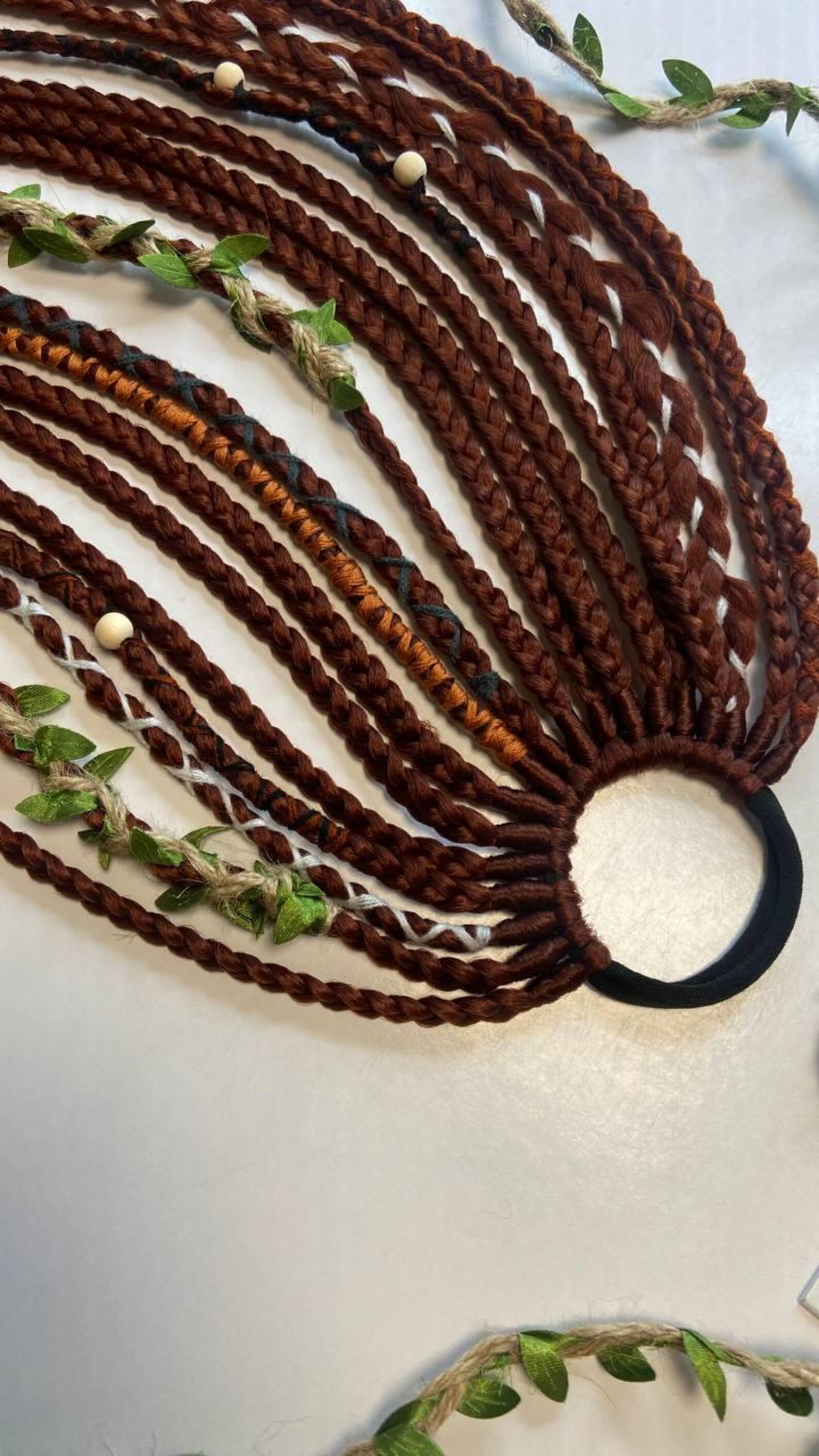 Boho Braided Ponytail Extension: Green Leaves & Wood Beads - Chestnut ...
