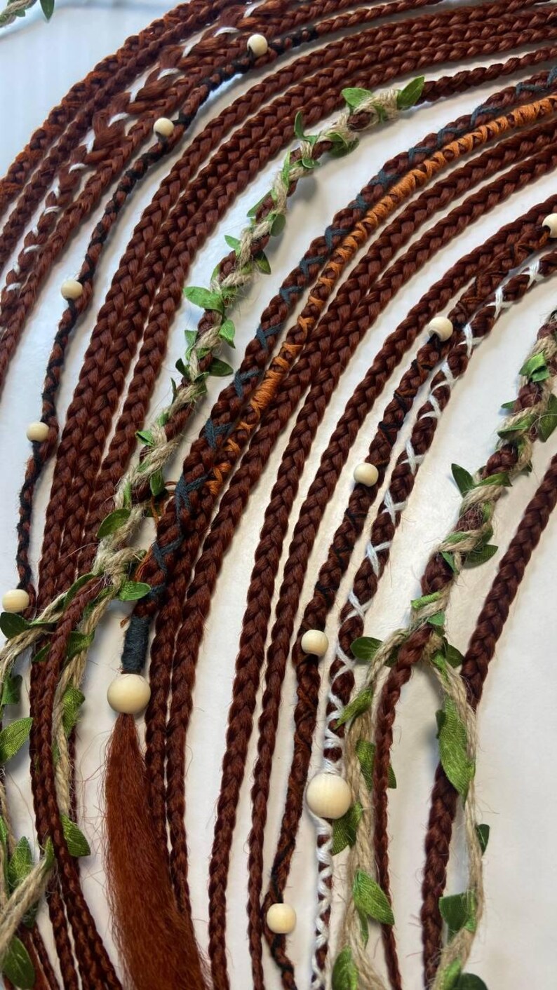 Boho Braided Ponytail Extension: Green Leaves & Wood Beads - Chestnut ...