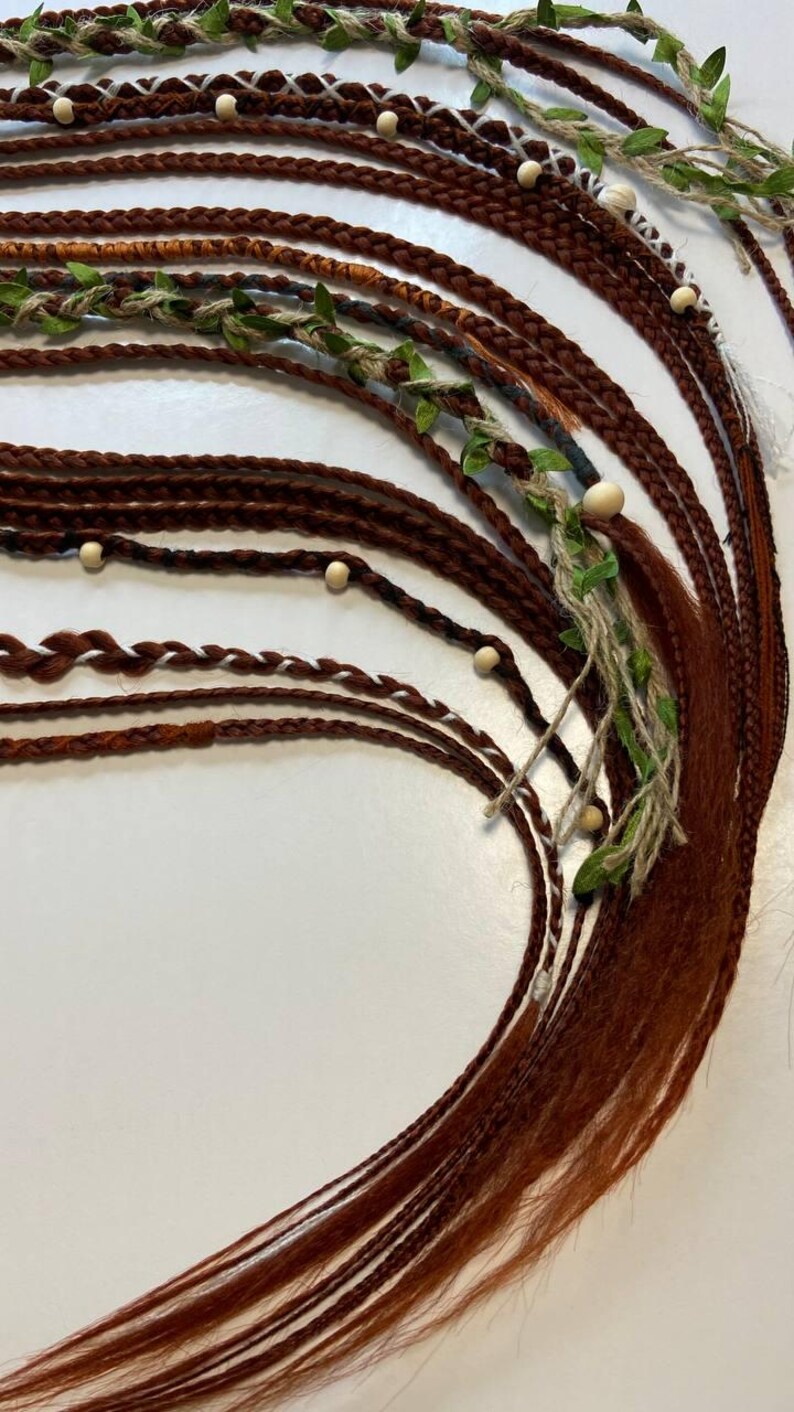 Boho Braided Ponytail Extension: Green Leaves & Wood Beads - Chestnut ...