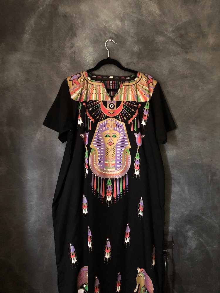 1970s Painted Egyptian Black Kaftan Maxi Dress Ethnic Boho Hippie Hippy ...