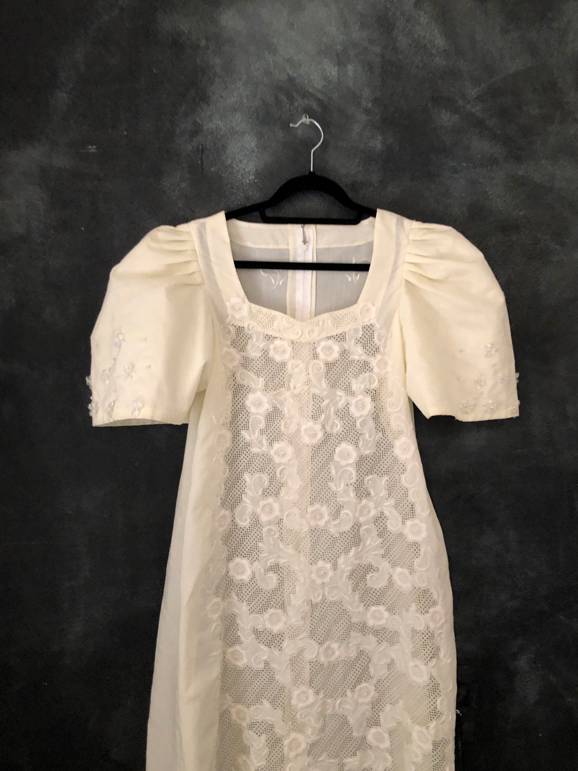 1980' White Filipino Lace Wedding Dress Sheer Puffed Sleeves Long Baro ...