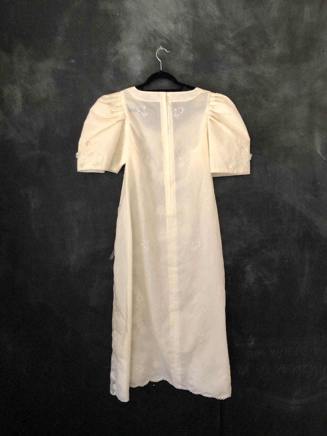 1980' White Filipino Lace Wedding Dress Sheer Puffed Sleeves Long Baro ...