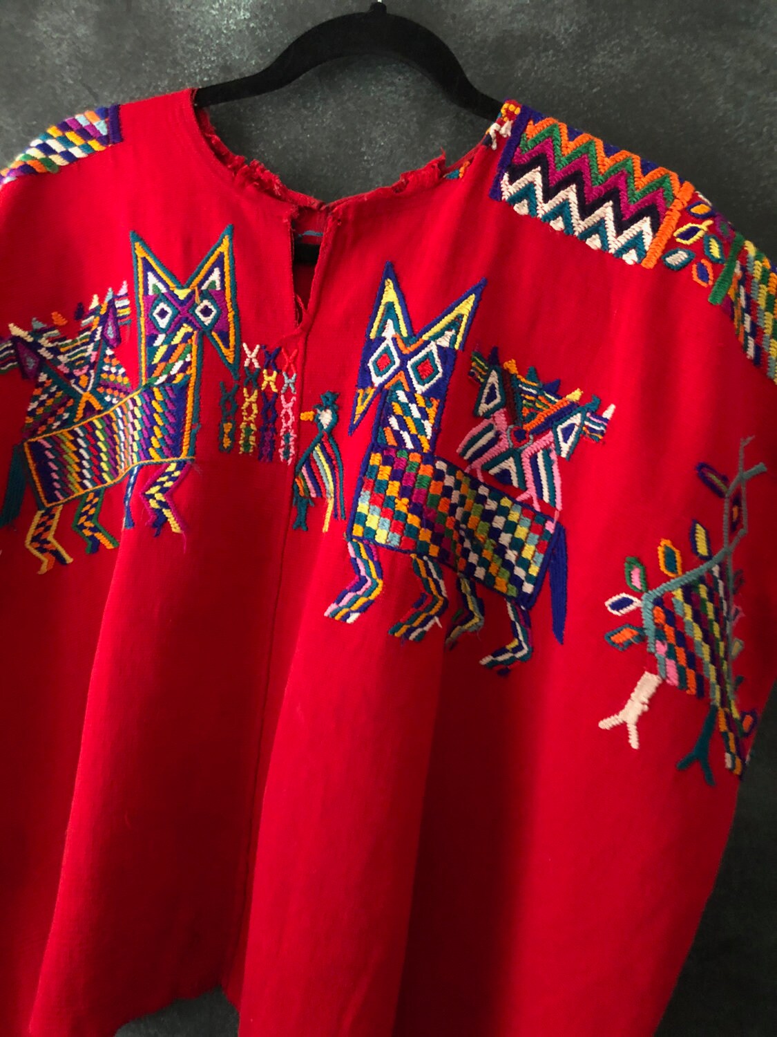 Guatemalan Huipil Top Blouse Red Woven Cotton Animals Rainbow ...