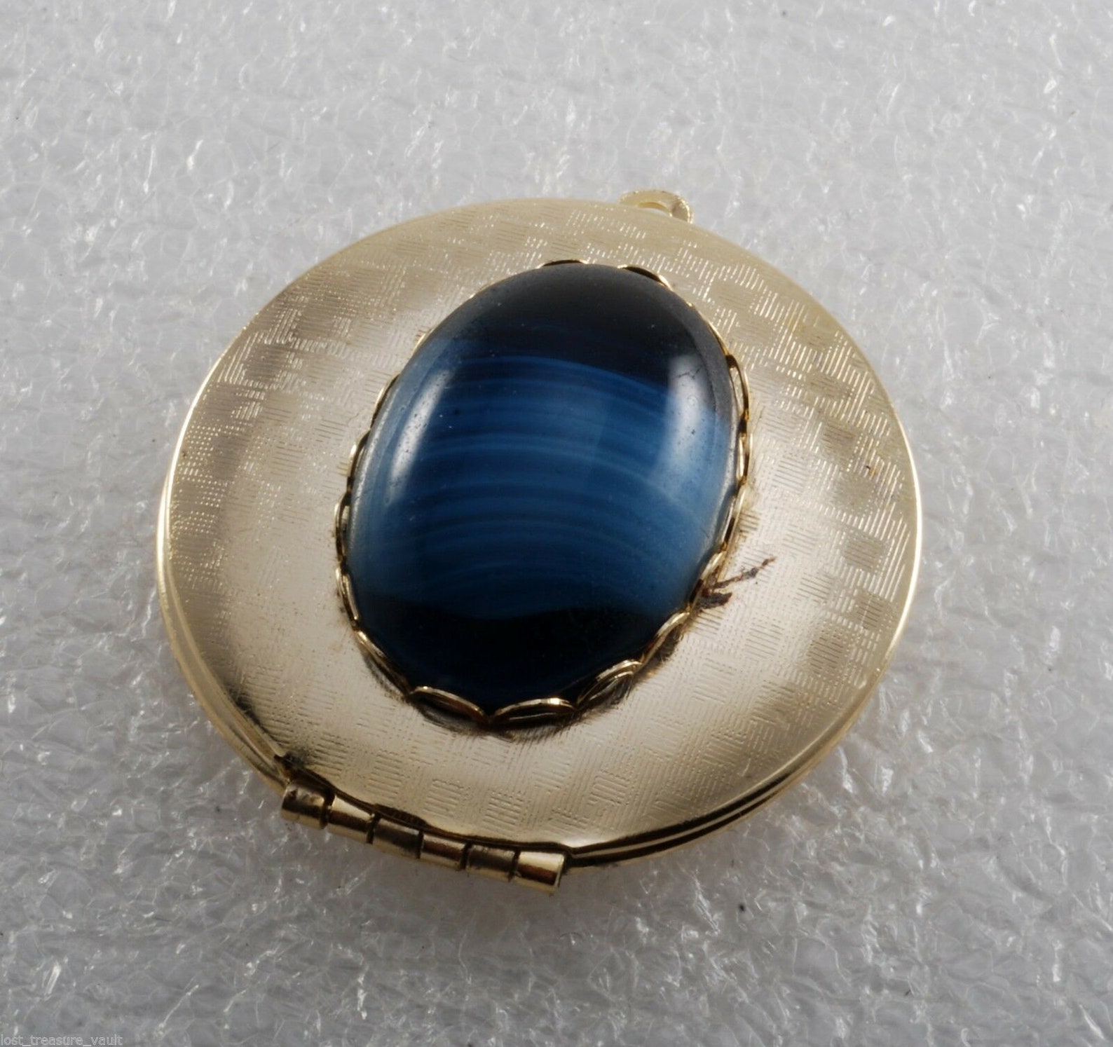 Vintage Locket Textured Gold Tone Metal Blue Givre Glass Gem Cabochon ...