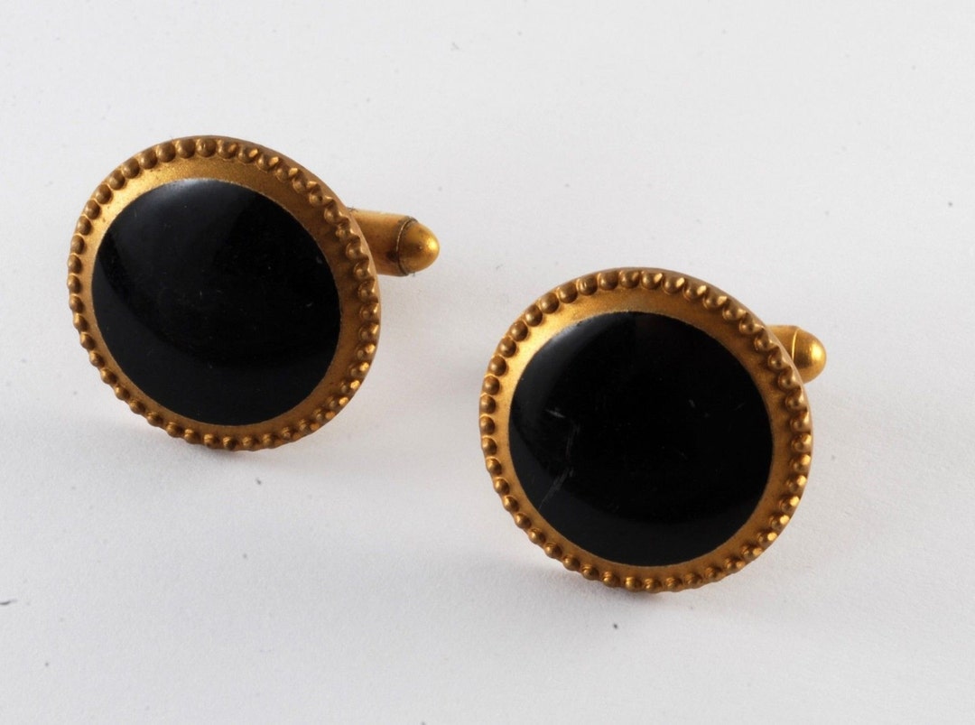 Vintage Antique Dull Gold Plated Metal Round Black Gem Men's Round Cuff ...