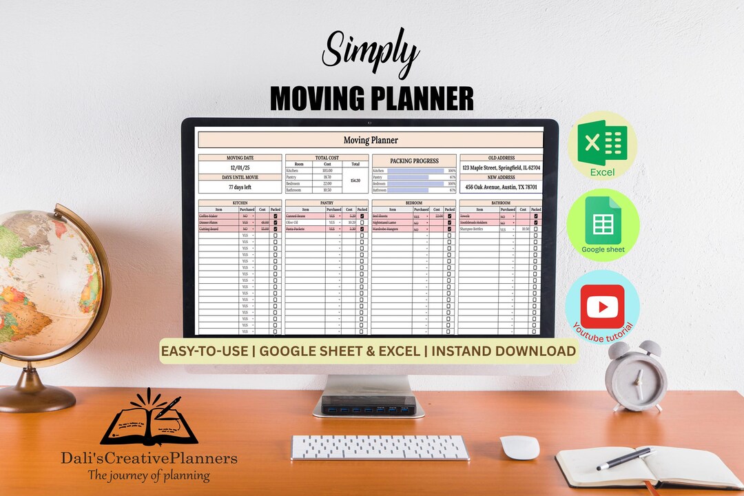 Moving Planner Excel | Digital Moving Checklist, Packing & Budget ...