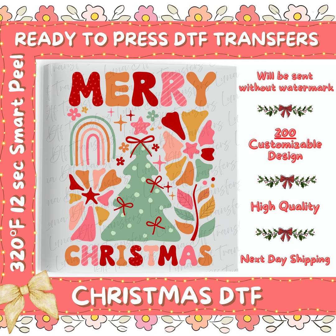 Merry Christmas Heat Press, Retro Christmas DTF Print, Pink and Red ...
