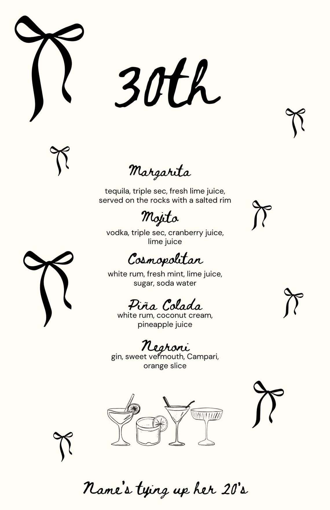 30th Birthday - Bow Theme Drink Menu - Etsy