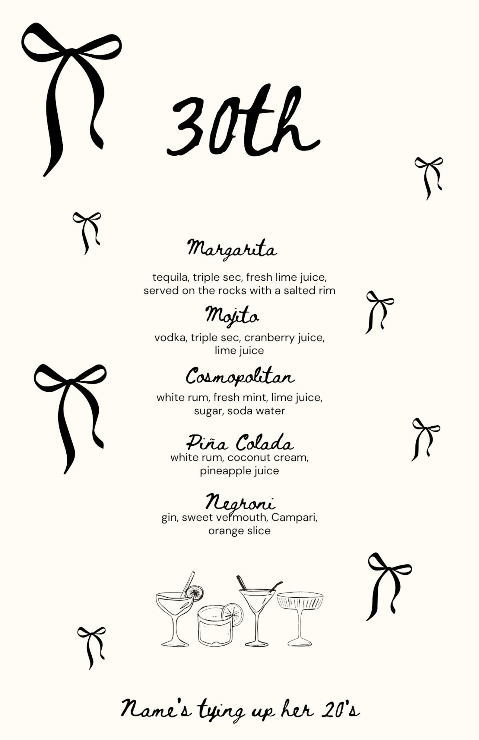 30th Birthday - Bow Theme Drink Menu - Etsy