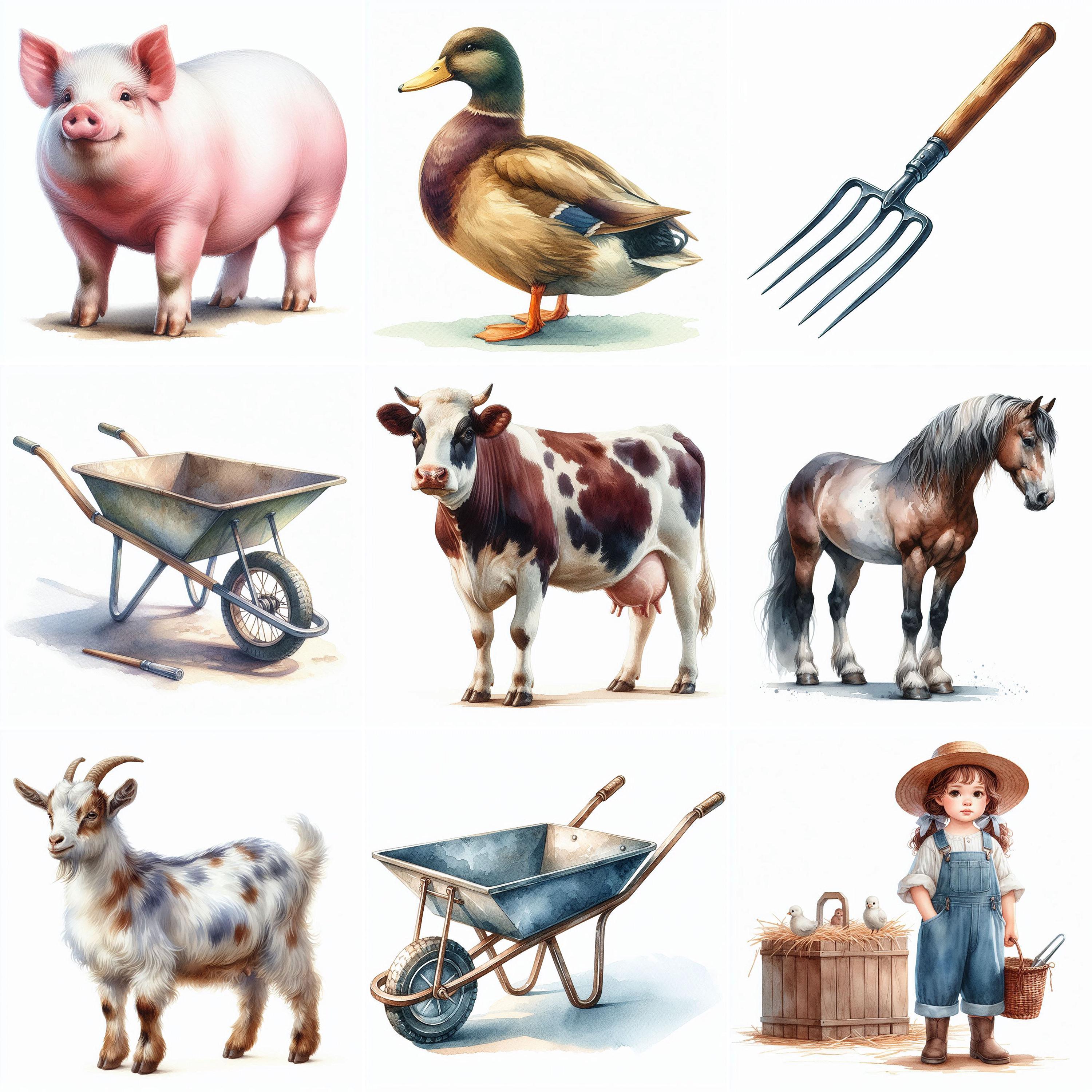 123 Cute Watercolor Farm Animals Clipart PNG | Digital Farm Animal Clip ...