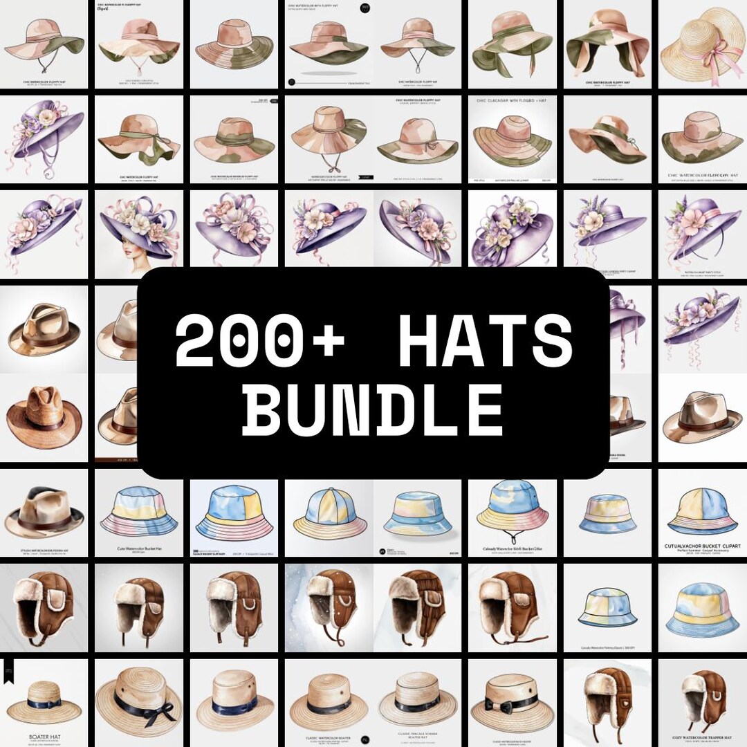 MEGA Watercolor Hat Clipart Bundle | Sun Hat, Fedora, Fascinator, Beret ...