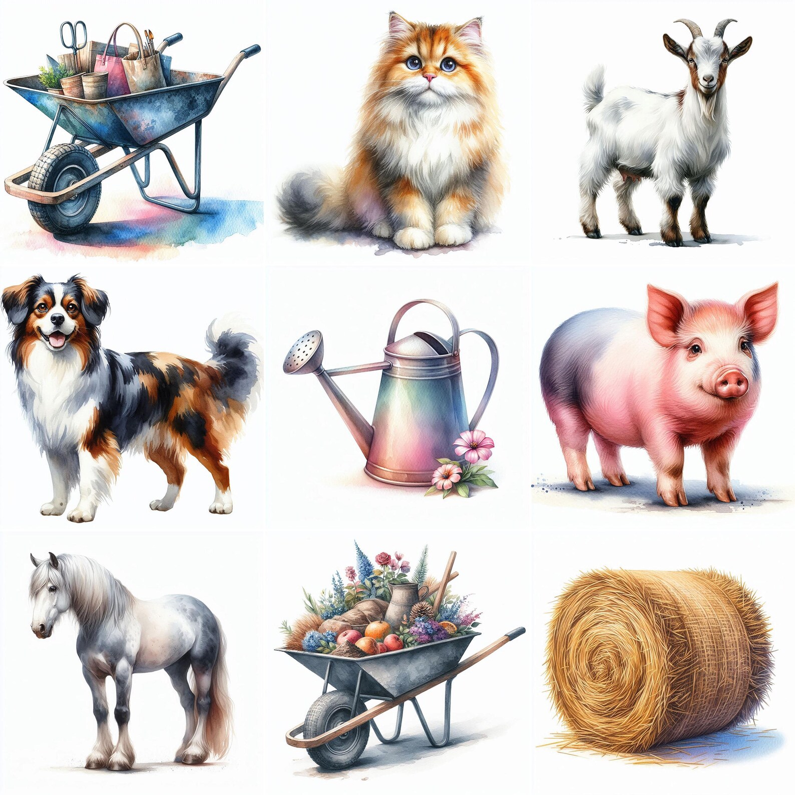 123 Cute Watercolor Farm Animals Clipart PNG | Digital Farm Animal Clip ...