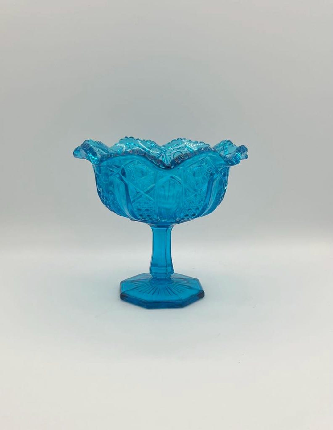 LE Smith Large Blue Quintec UV Reactive Compote Dish 6.5", Mid-century ...