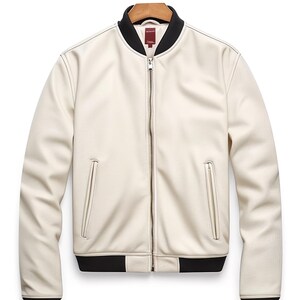 Men's Cream Leather Bomber Jacket With Ribbed Trim & Zip Closure ...