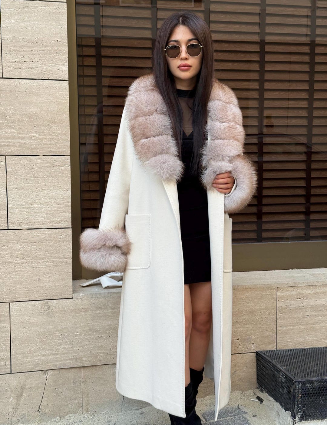 White Cashmere Cape, Collar Cuffs Fox Fur Jacket, Luxury Handmade Long ...
