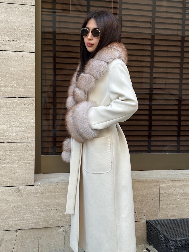 White Cashmere Cape, Collar Cuffs Fox Fur Jacket, Luxury Handmade Long ...