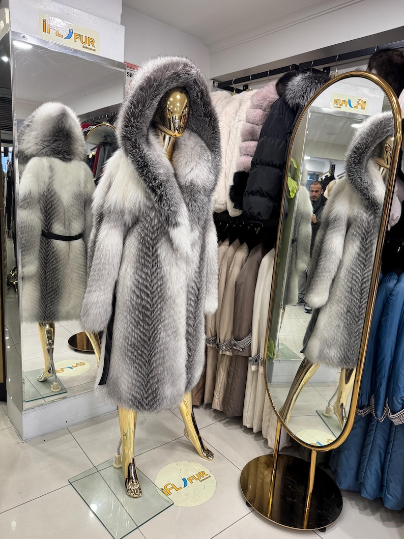 White Long Frost Fox Fur Coat With Hood, Handmade Women Fur Winter ...