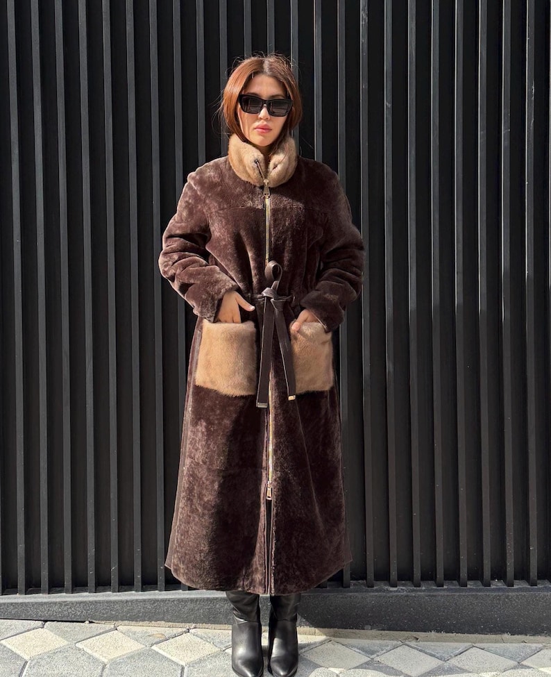 Brown Long Astrakhan Coat, Premium Women’s Mink Fur Shearling Jacket ...