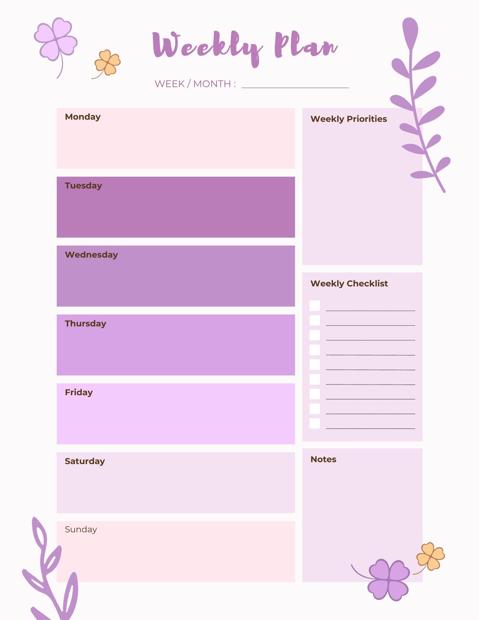 Weekly Tracker Printable Digital Planner Printable Pink Purple Girly ...
