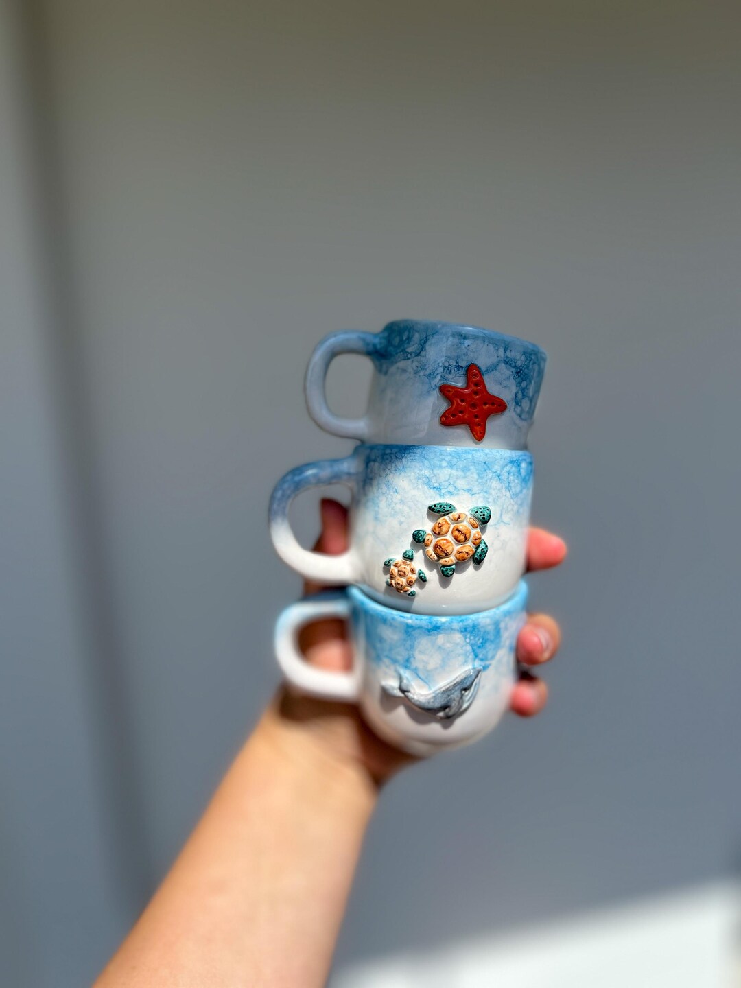 Handmade Sea Themed Ceramic Cup Set | Starfish | Turtle and Dolphin ...