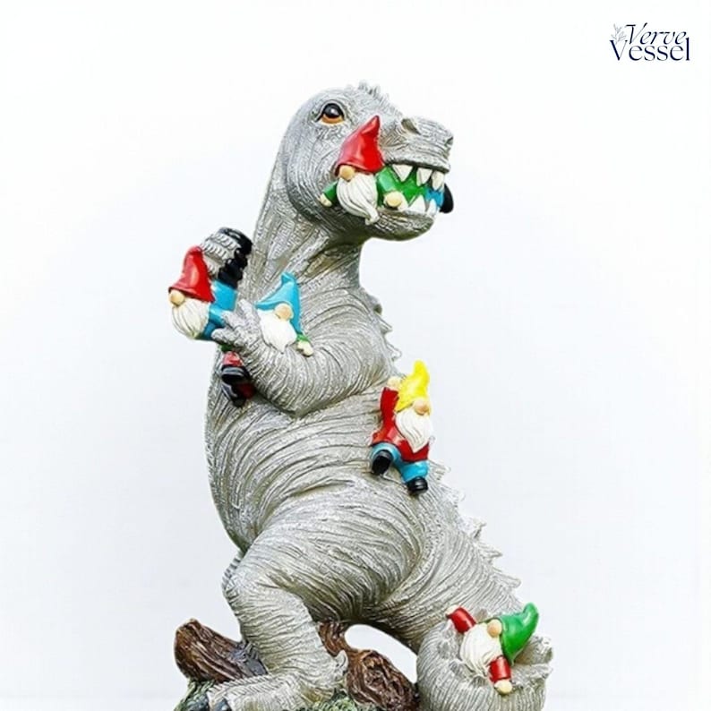 Funny Dinosaur Eating Gnome Statue – Resin Garden Decor, Outdoor Lawn ...