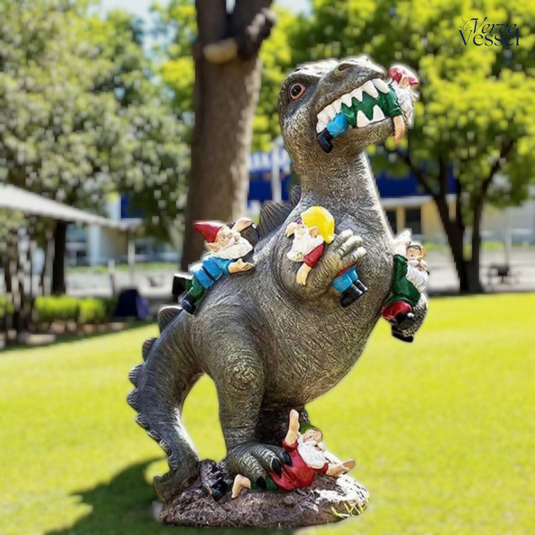 Funny Dinosaur Eating Gnome Statue – Resin Garden Decor, Outdoor Lawn ...