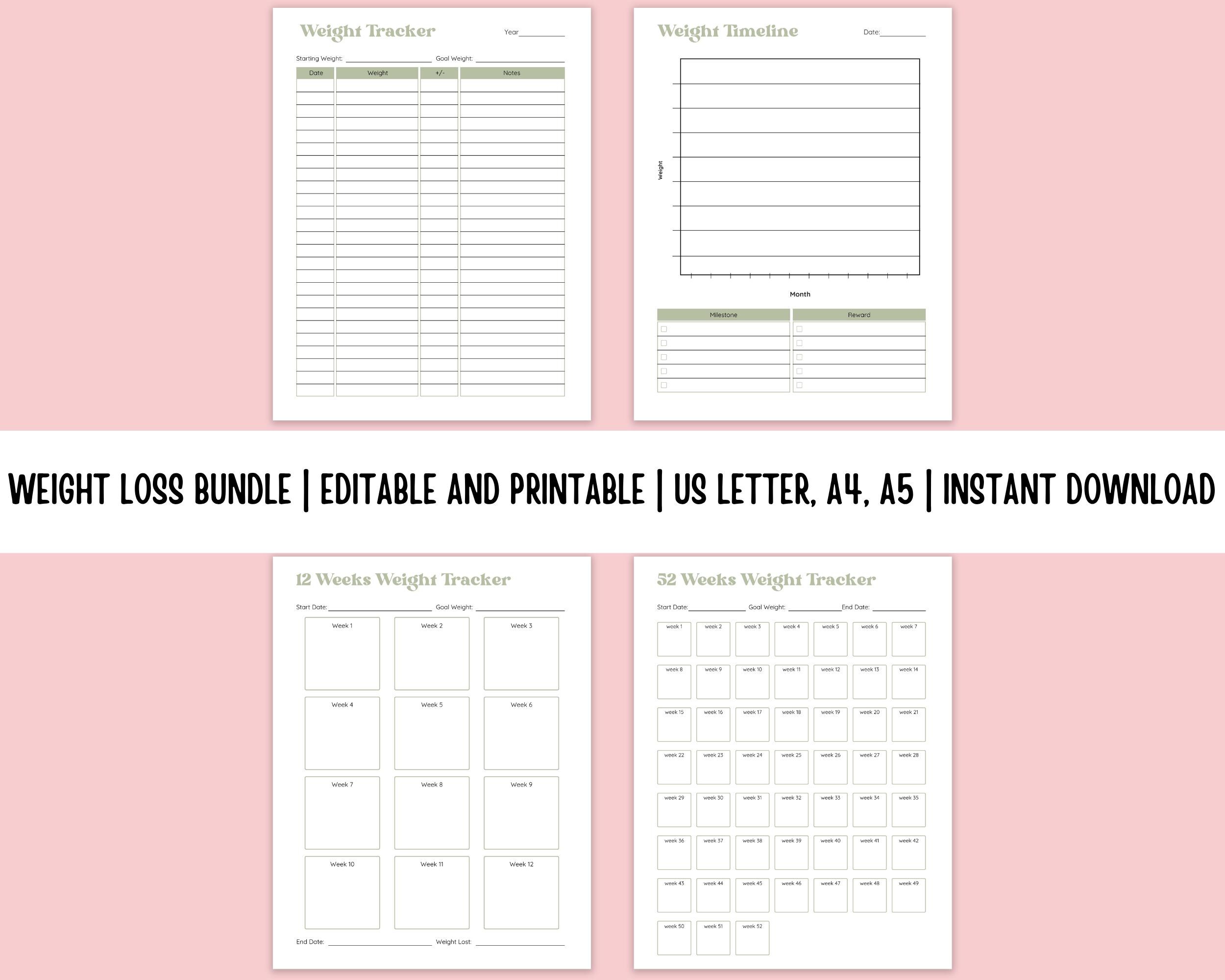 Printable Weight Loss Tracker Bundle: Editable Journal (PDF Download ...