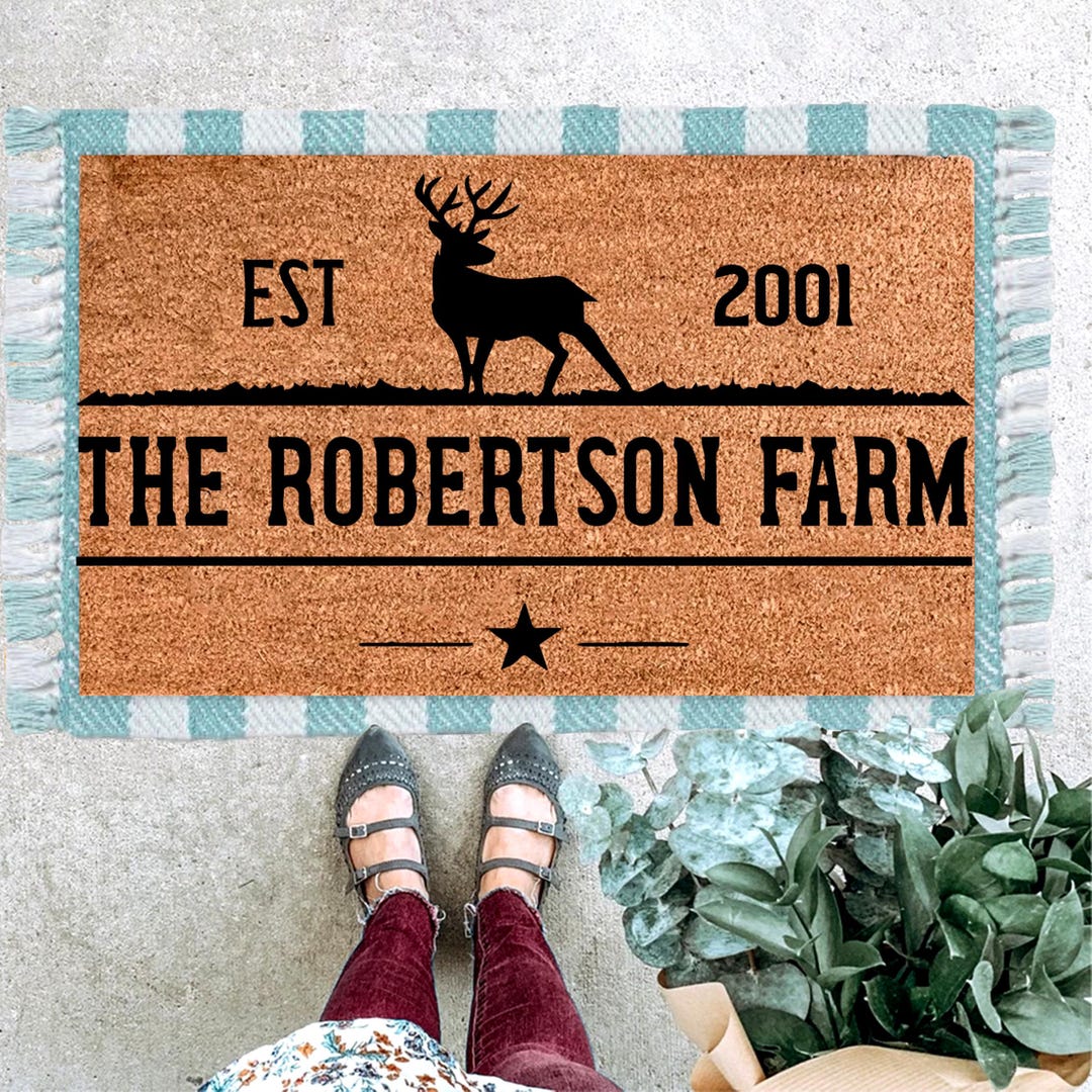 Personalized Deer Farmhouse Doormat – Rustic Custom Name Coir Entry Rug ...