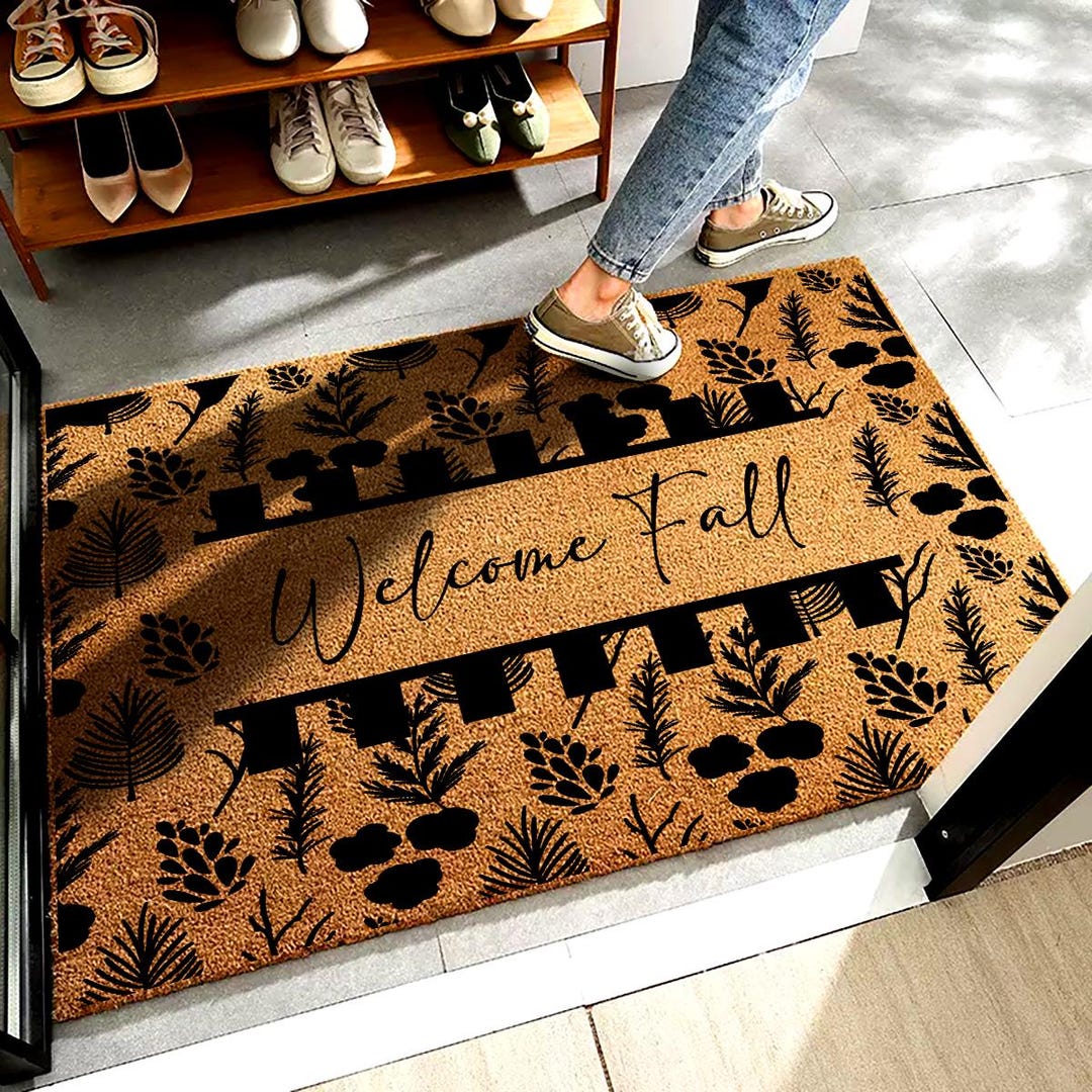 Welcome Fall Coir Doormat: Rustic Autumn Leaves & Plaid - Etsy