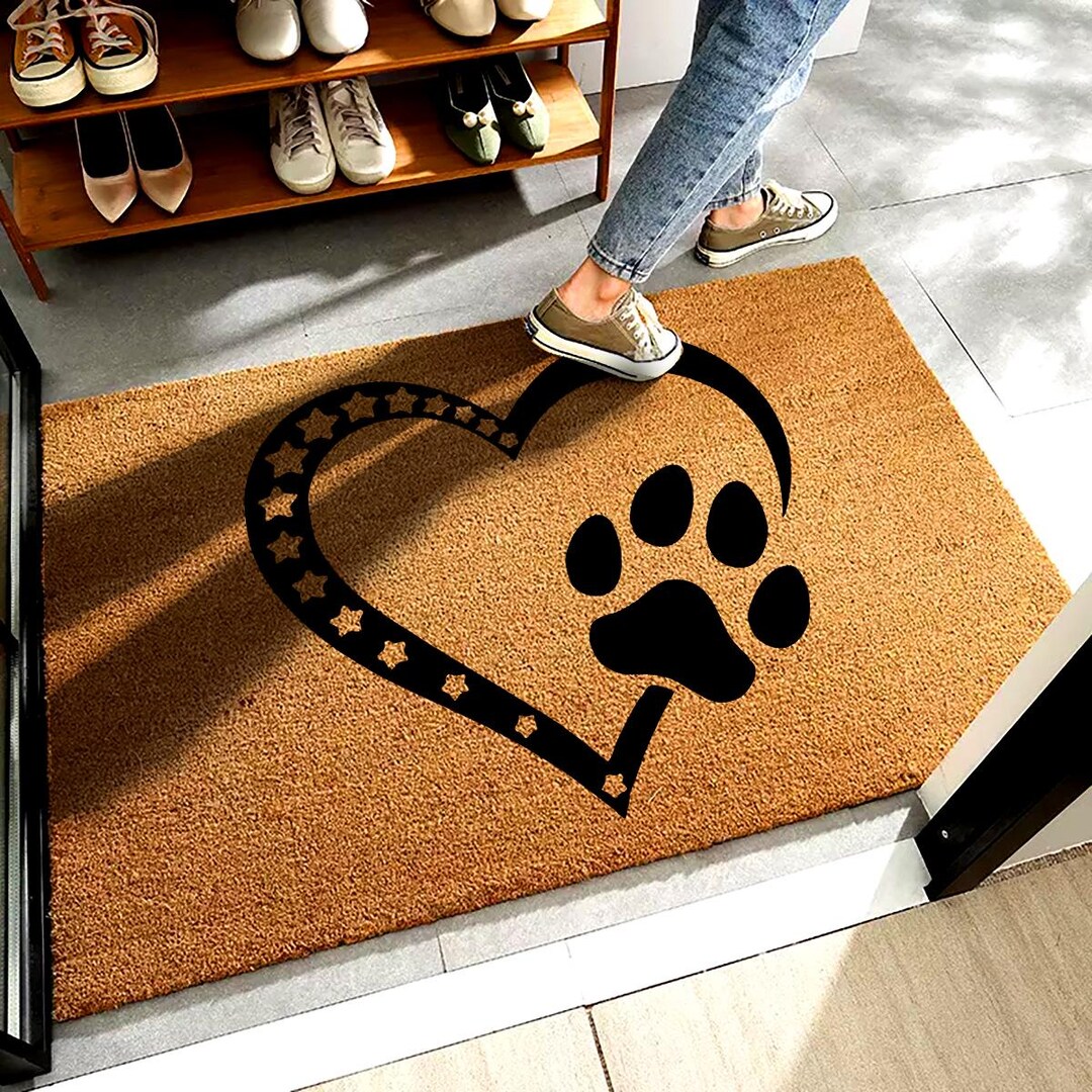 Dog Paw Heart Doormat – Pet Lover Welcome Mat With Stars – Cute Dog ...