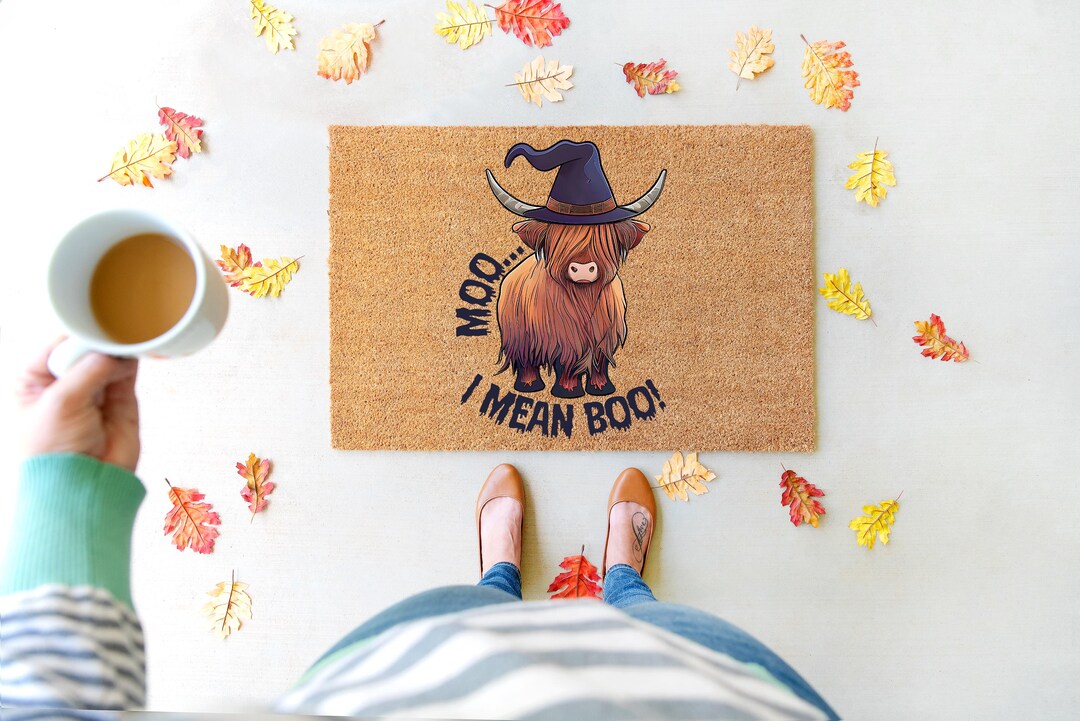 Moo I Mean Boo Halloween Doormat, Funny Cow Welcome Mat, Witch Highland ...