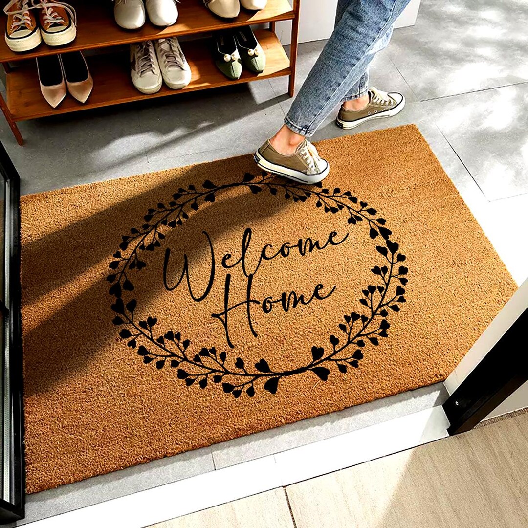 Welcome Home Wreath Doormat, Elegant Entryway Coir Doormat With Leafy ...