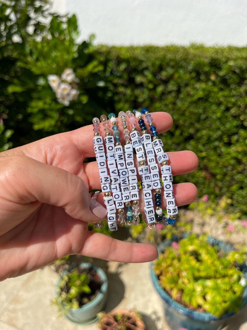 CUSTOM Teacher Gifts, School Gifts, Sparkly Beaded Bracelets, Letter ...