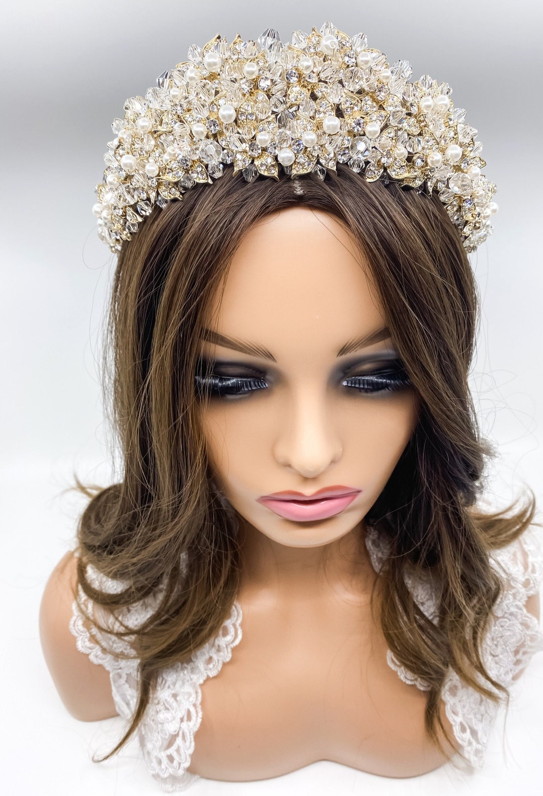 Gold Floral Crown Gold Tiara With Pearls Crystal Statment Gold ...