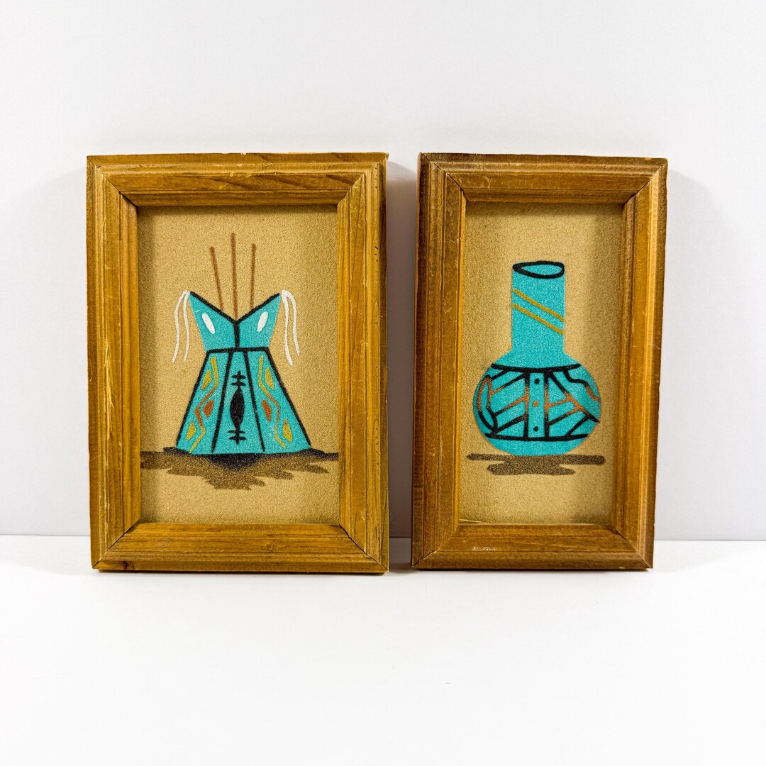 Vintage Southwest Sand Art Paintings | Framed Tribal Dress & Pottery ...