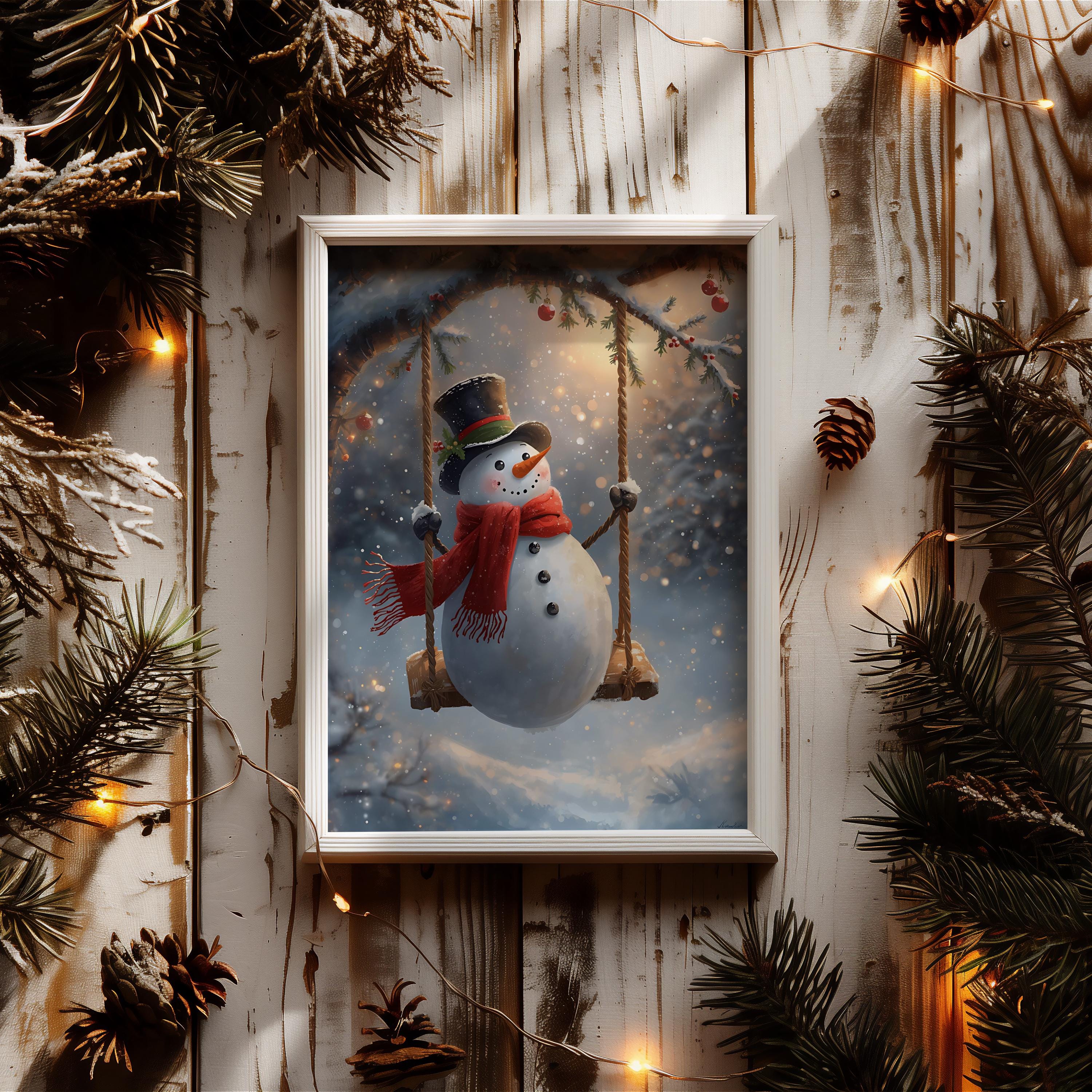 Snowman on Swing Wall Art Digital Download Holiday Winter Decor Rustic ...