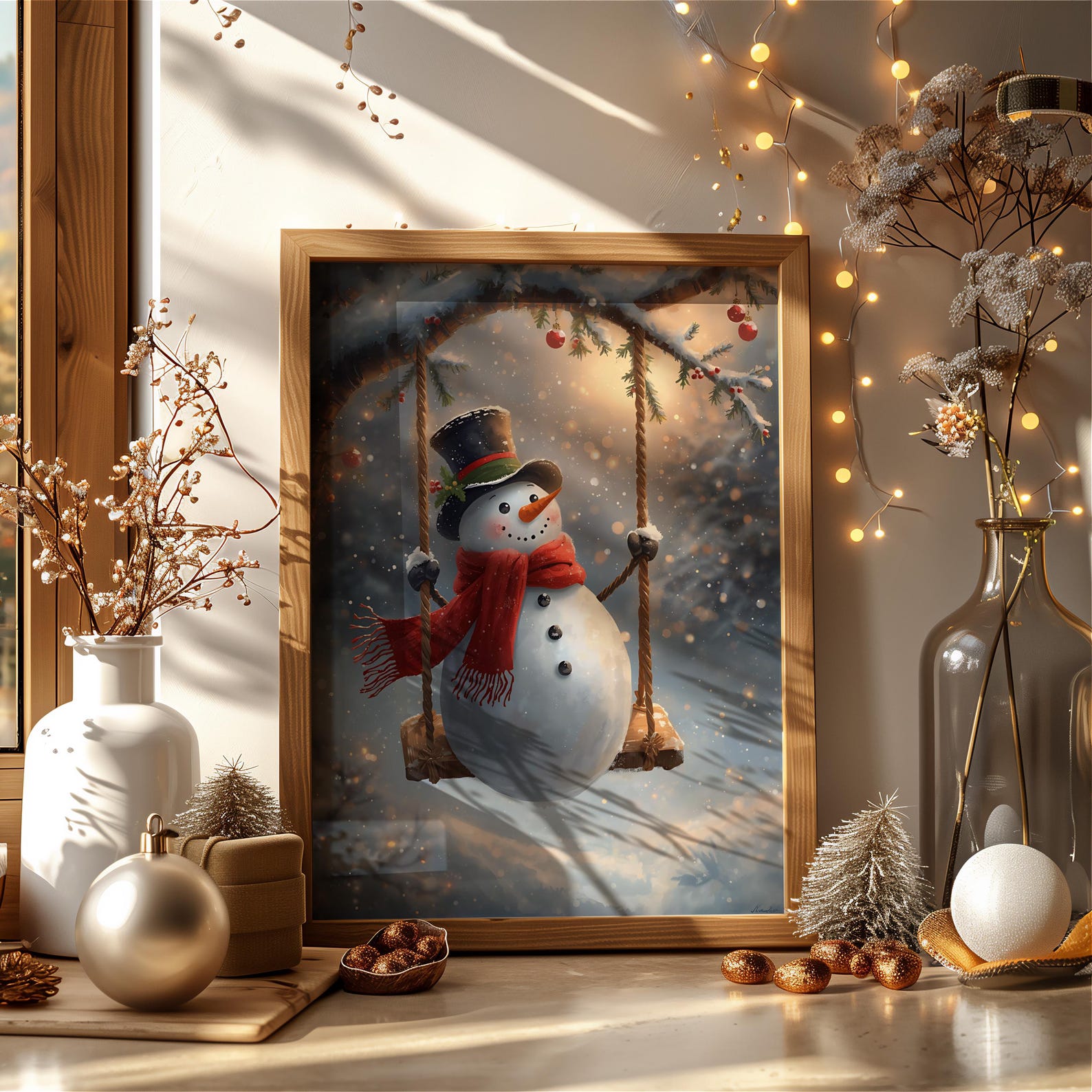 Snowman on Swing Wall Art Digital Download Holiday Winter Decor Rustic ...