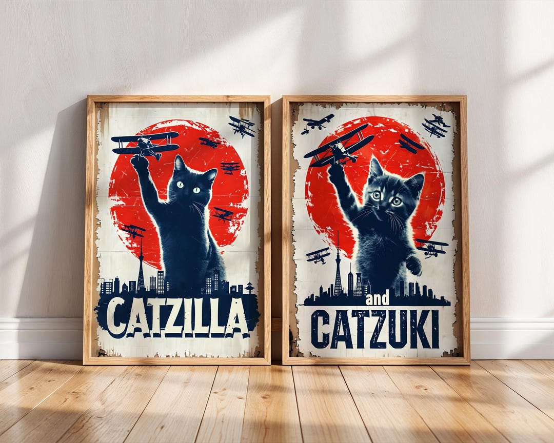 Catzilla and Catzuki Poster Set, Digital Poster Duo, Cat Lover Art ...