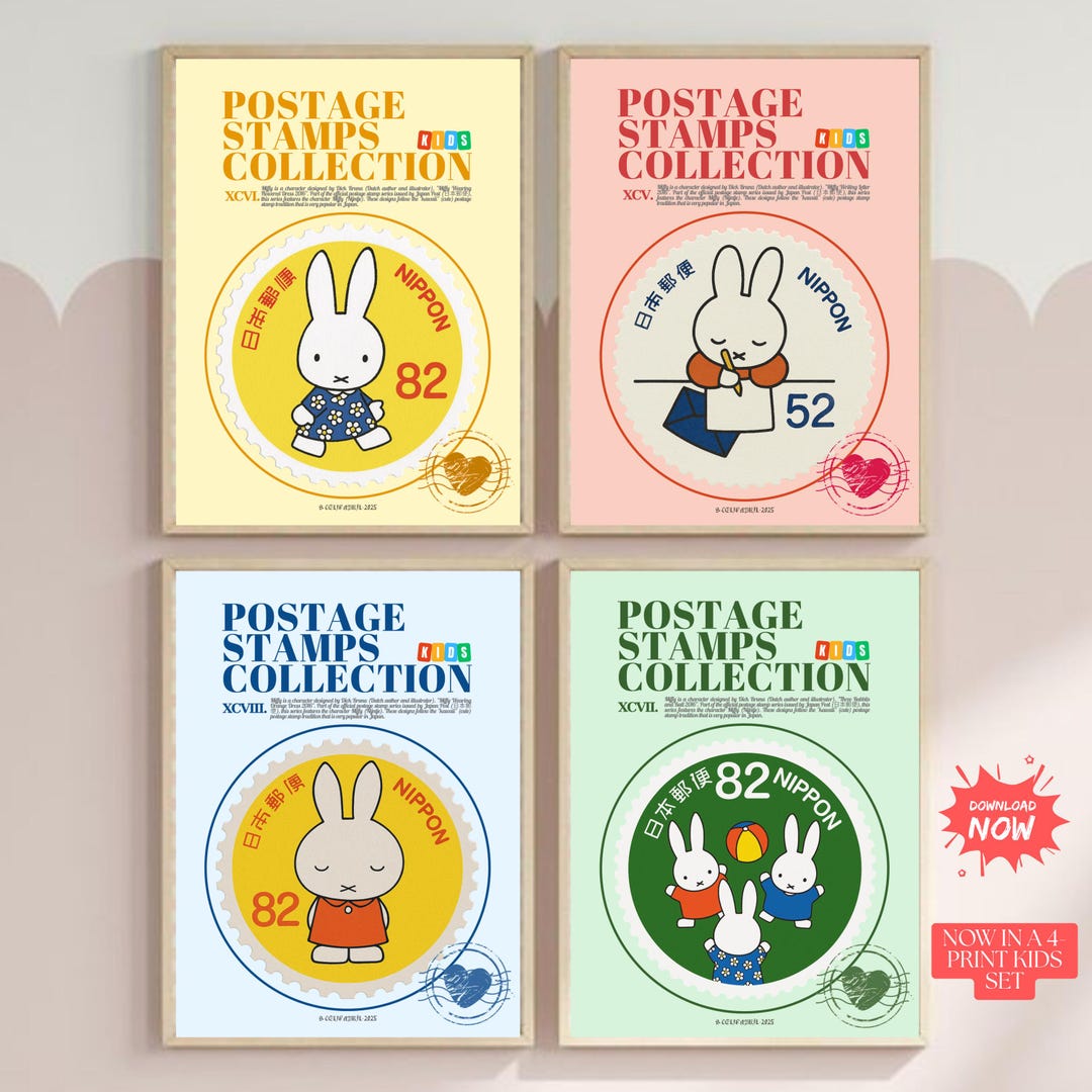 Miffy Wall Art Set of 4 – Japanese Stamp Nursery Prints – Cute Bunny ...