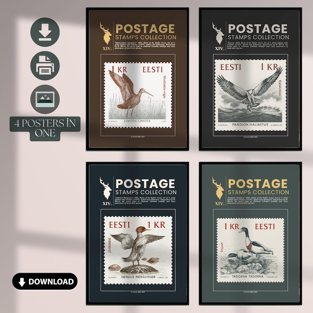 Vintage Bird Stamp Poster Set: Retro Hunting Art Prints (digital ...