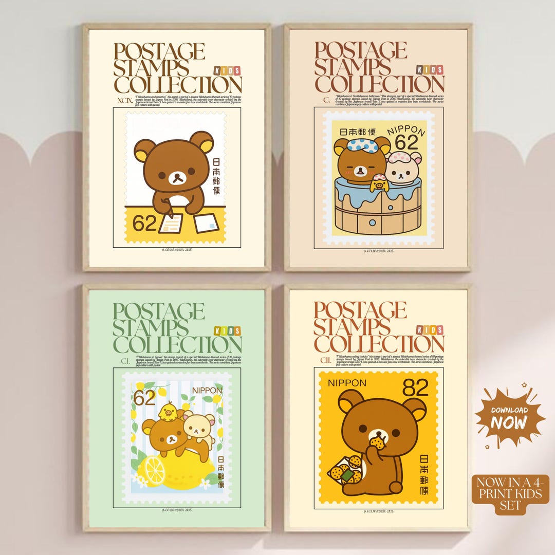 Rilakkuma Stamp Poster Set of 4 – Japanese Cute Nursery Wall Art ...