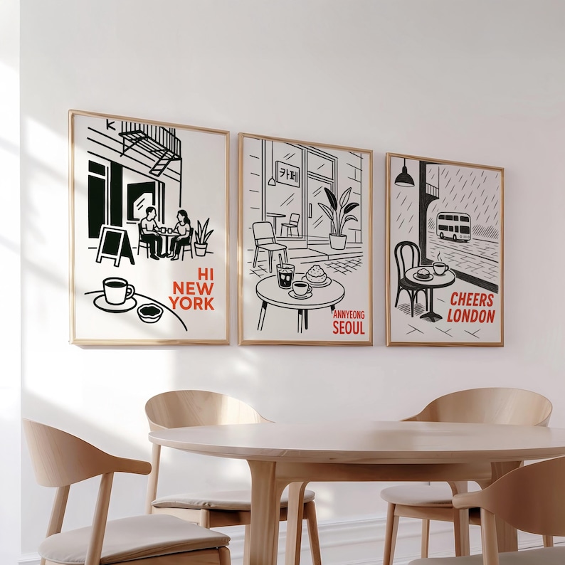 Cafe Wall Art Set of 3 – New York Seoul London Prints, Minimalist ...