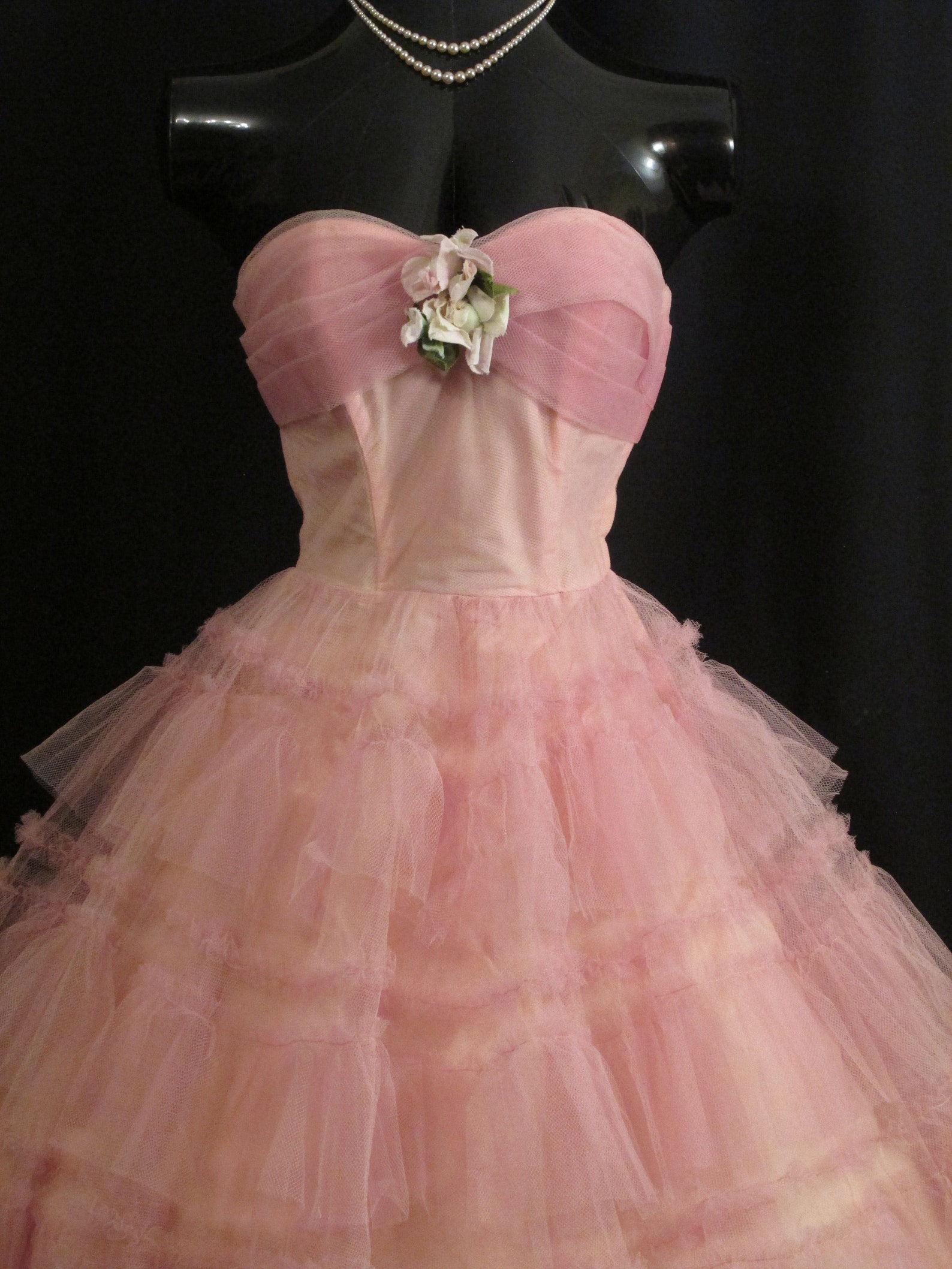 Vintage 1950's 50s Bombshell STRAPLESS Pink Mauve Tulle Tiered Layered ...